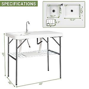 Outvita Fish Cleaning Table Folding Portable Camping Sink Table with Sink Faucet Drainage Hose/Outdoor Camping Table with Grid Rack & Knife Groove,Fish Fillet Hunting Cleaning Cutting Table,White