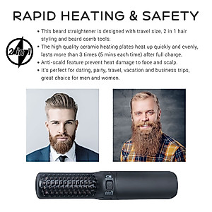 IHHAIR Premium Beard Mini Straightener Brush, Professional Straightener Brush for Men, Rechargeable 6400 mAh Straightening Tool Heated Comb, for Short & Long Beards for Home and Travel