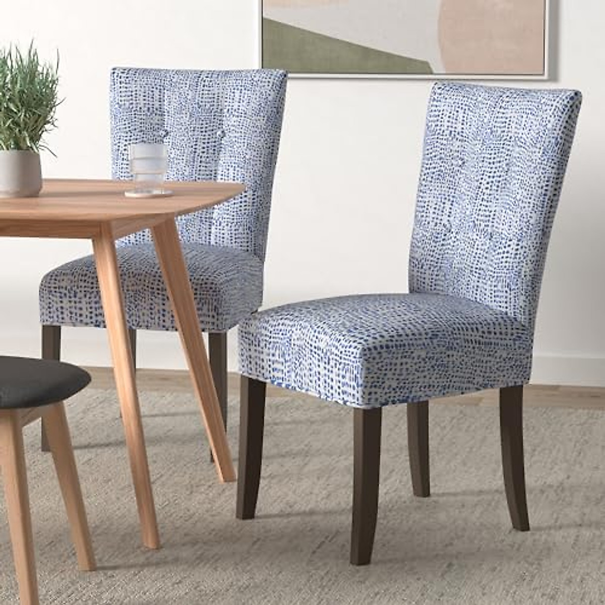 Sole Designs Julia Collection Contemporary Dining Room Chairs, Sediment Print Fabric Upholstered Parsons Seat with Button Tufted Backrest, Set of 2, Set of 2, Blue
