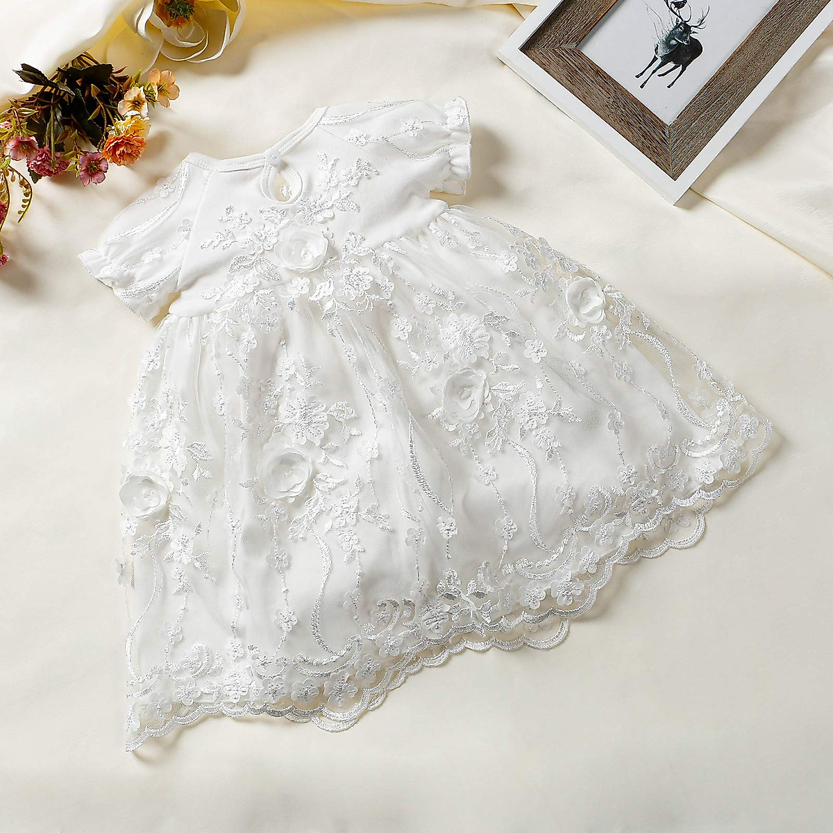 Baby Girls Lace Dress Christening Baptism Gowns Outfit with Bonnet for Party Wedding