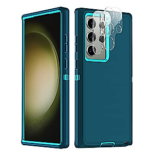 I-HONVA for Samsung Galaxy S23 Ultra Case with 2 Pack Camera Lens Protector Heavy Duty Shockproof 3-Layer Full Body Protection Durable Cover Case for Galaxy S23 Ultra 5G 6.8 inch 2023,Turquoise