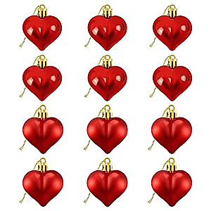 JANEMO 12 Pcs Heart Shaped Ornaments,Glossy and Matt Heart Baubles Hanging Decorations,Use for Valentines Day Decor, Anniversary Wedding,Stage or Birthday Party Decor,6 Matte＋6 Light,Red