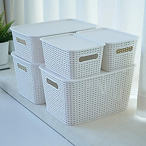 OLLIC Plastic Bins Large Storage with Lids | Korean Organizer Bin Basket Set for Organizing Baskets in Closet and Home (WHITE, LARGE_4PK)