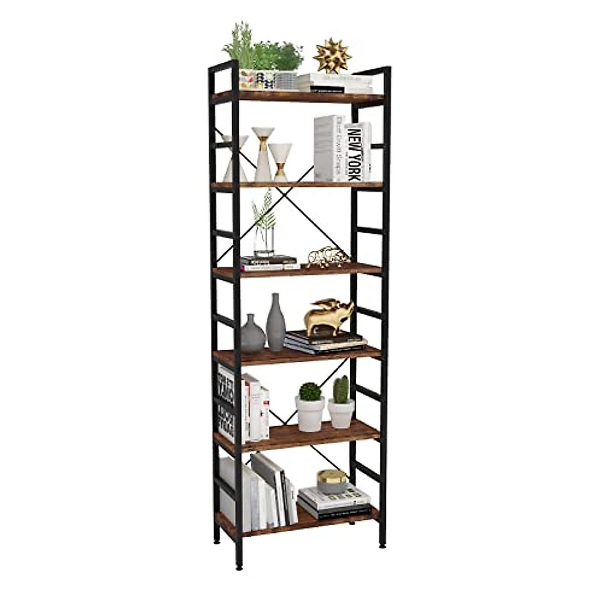 MIOCASA 6 Tier Bookshelf, Adjustable Industrial Bookshelves Organizer, Rustic Wood and Metal Standing Shelving Unit Storage, Tall Display for Living Room, Bedroom and Office