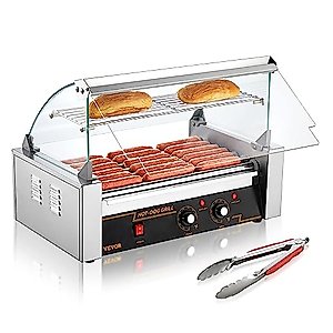 VEVOR Hot Dog Roller 7 Rollers 18 Hot Dogs Capacity 1050W Stainless Sausage Grill Cooker Machine with Dual Temp Control Glass Hood Acrylic Cover Bun Warmer Shelf Removable Oil Drip Tray, ETL Certified