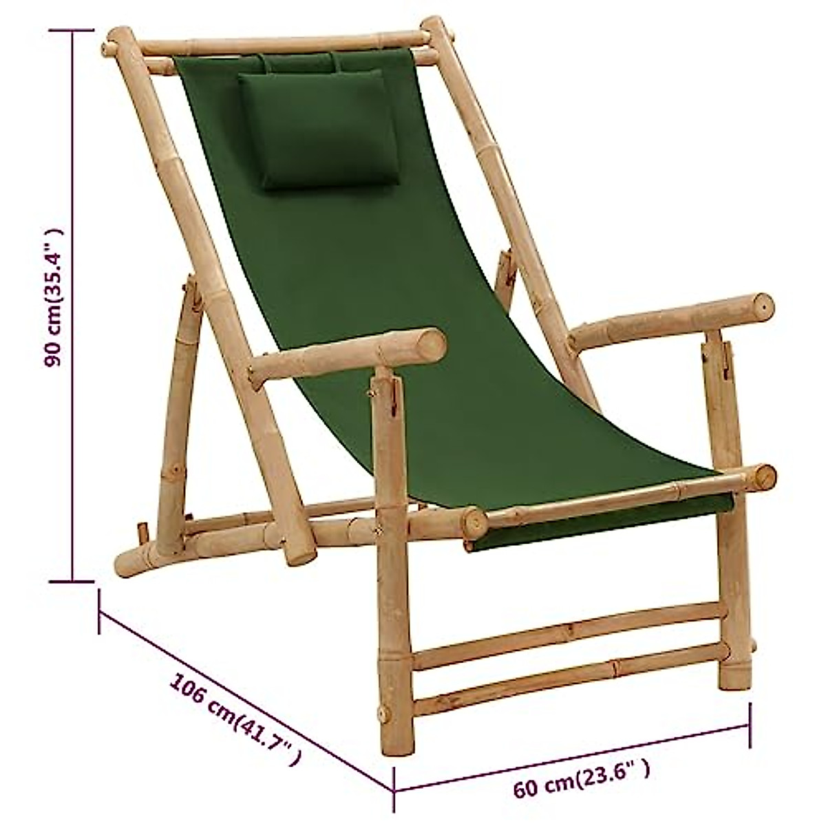 GOLINPEILO Foldable Deck Chair Bamboo and Canvas Green for Relaxing, Foldable Patio Deck Chair with Adjustable Height for Yard, Patio, Backyard, Deck -AA
