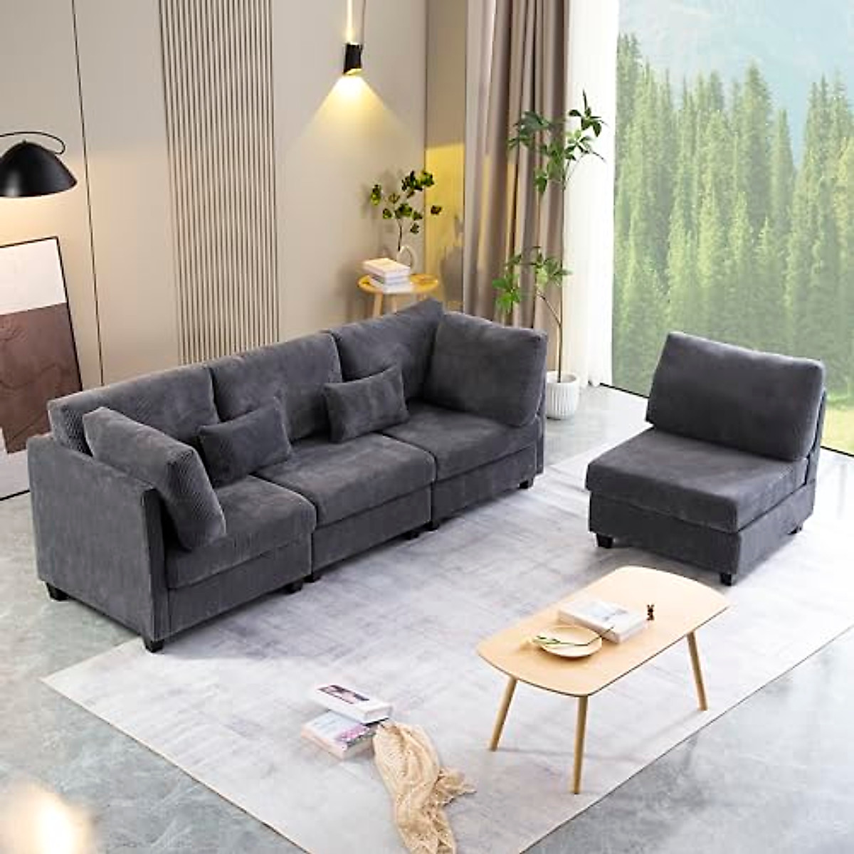 Deep Seat Reversible Modular Sofa with Movable Ottoman, Free Combinational Convertible Sectional Couch, Oversized Corner Sofa&Couches with Solid Wood Legs and Detachable Backrest for Living Room