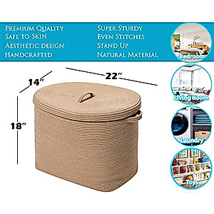 22"x14"x18" Rectangular Extra Large Storage Basket with Lid, Cotton Rope Storage Baskets, Laundry Hamper, Toy Bin, for Toys Blankets Storage in Living Room, Baby Nursery, All Beige