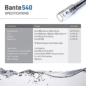 Bante 540 Portable Conductivity Meter | Resistivity, Conductivity, TDS, Salinity Meter | 0 to 200 mS/cm Range, ±0.5% Accuracy | Suitable for Sea Water Salinity and Routine Conductivity Measurements