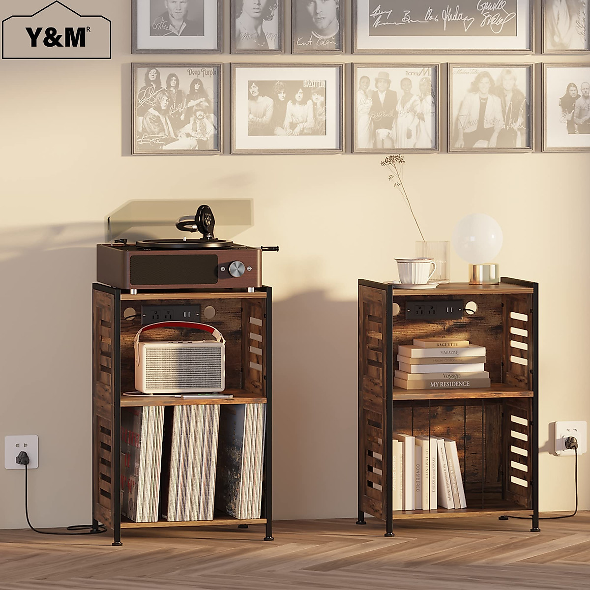 Y&M Record Player Stand, Vinyl Turntable Stand with Charging Station and USB Port, Record Display Table with Storage Cabinet, Turntable Holder, End Table, Nightstand for Bedroom, Living Room, Brown