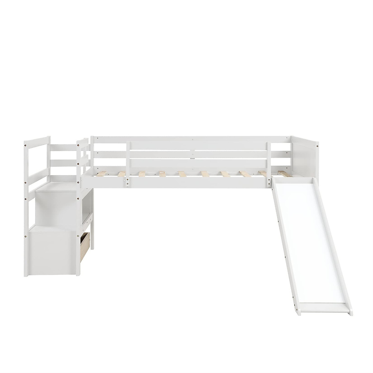 Low Loft Bed with Slide and Stairs Twin Loft Bed with Storage Wood Bed Frame for Kids Teens Girls Boys， White