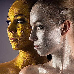 DE'LANCI Silver Face Paint Metallic Powder Kit, Metal Chrome Pigment Powder Foundation for Face & Body, Halloween SFX Makeup Shimmer Powder with Mixing Liquid and 2 Brushes for Stage Party 0.43 Oz