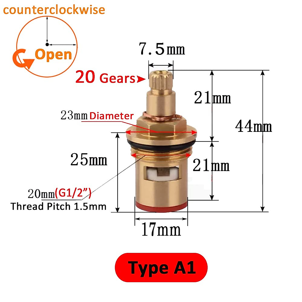 Faucet Ceramic Stem Cartridge Valve, G1/2" Brass Tap Ceramic Disc Cartridge Replacement for Bothroom Kitchen (Type A1- H44mm)