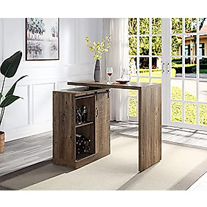 Knocbel Industrial Swivel Bar Table Storage Cabinet with 6-Bottle Wine Holder, Sliding Barn Door and Compartments, Kitchen Dining Room Buffet Sideboard, 110lbs Weight Capacity (Rustic Oak)