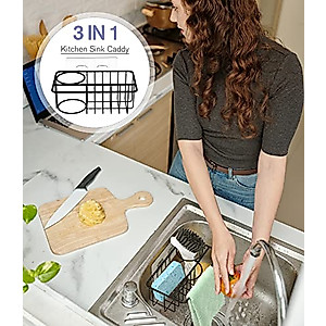 VIS'V 3 in 1 Sink Caddy Sponge Holder, 304 Stainless Steel Adhesive Kitchen Sink Basket Sponge Holder Brush Holder Dishcloth Hanger Kitchen Sink Accessories Organizer Rack with 2 Suction Cups - Black