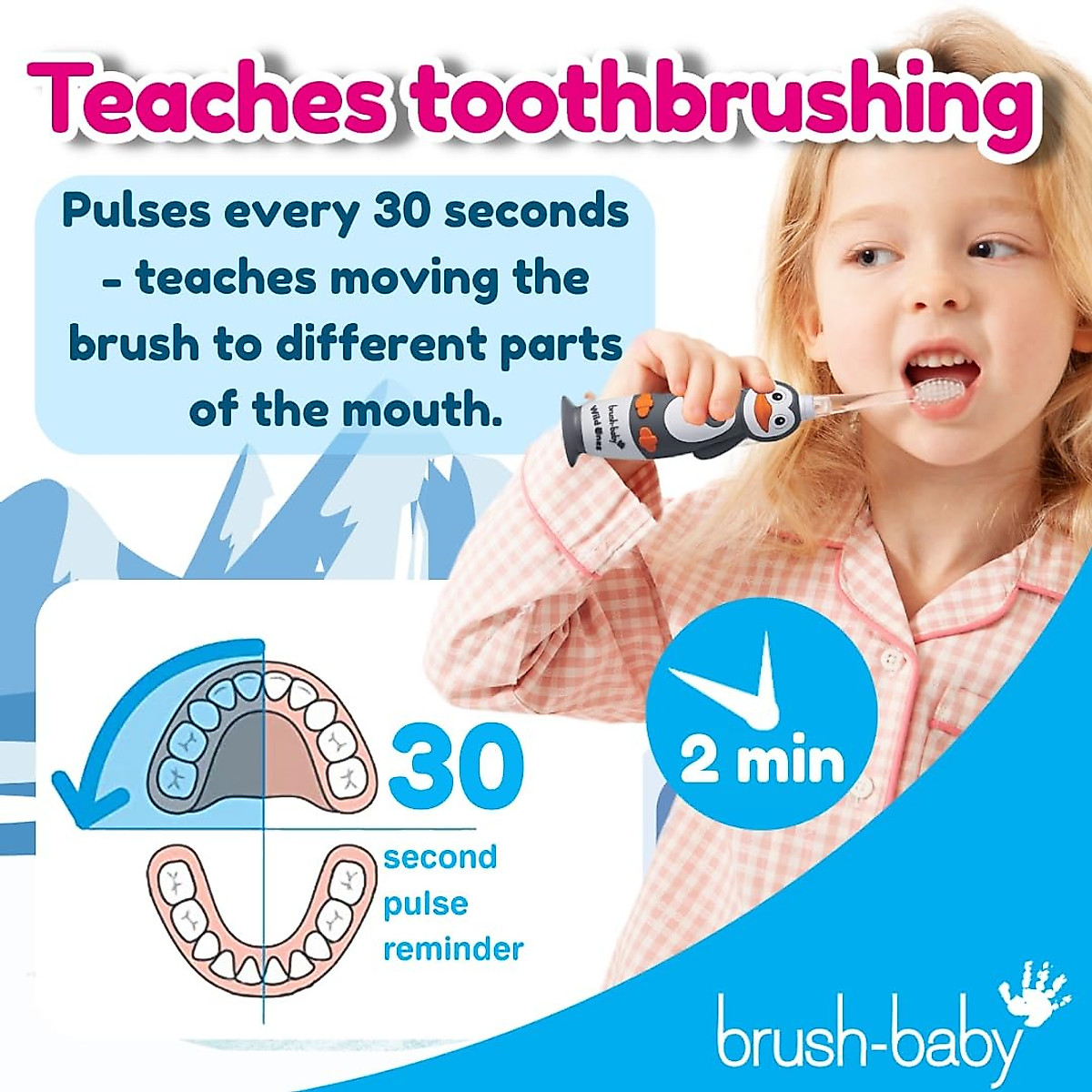 brush-baby WildOnes Kids Electric Rechargeable Toothbrush Penguin, 1 Handle, 3 Brush Heads, USB Charging Cable, for Ages 0-10 (Penguin)