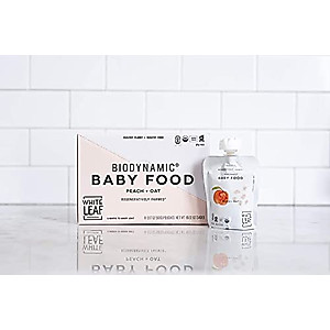 White Leaf Provisions Biodynamic Organic Baby Food – 12 x 3.17 Oz Peach + Oat Unsweetened Baby Puree Pouches - Squeezable Baby Food & Toddler Snack