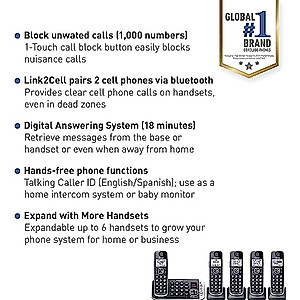 Panasonic Link2Cell Bluetooth DECT 6.0 Expandable Cordless Phone System with Answering Machine and Enhanced Noise Reduction - 5 Handsets - KX-TGE675B (Black)