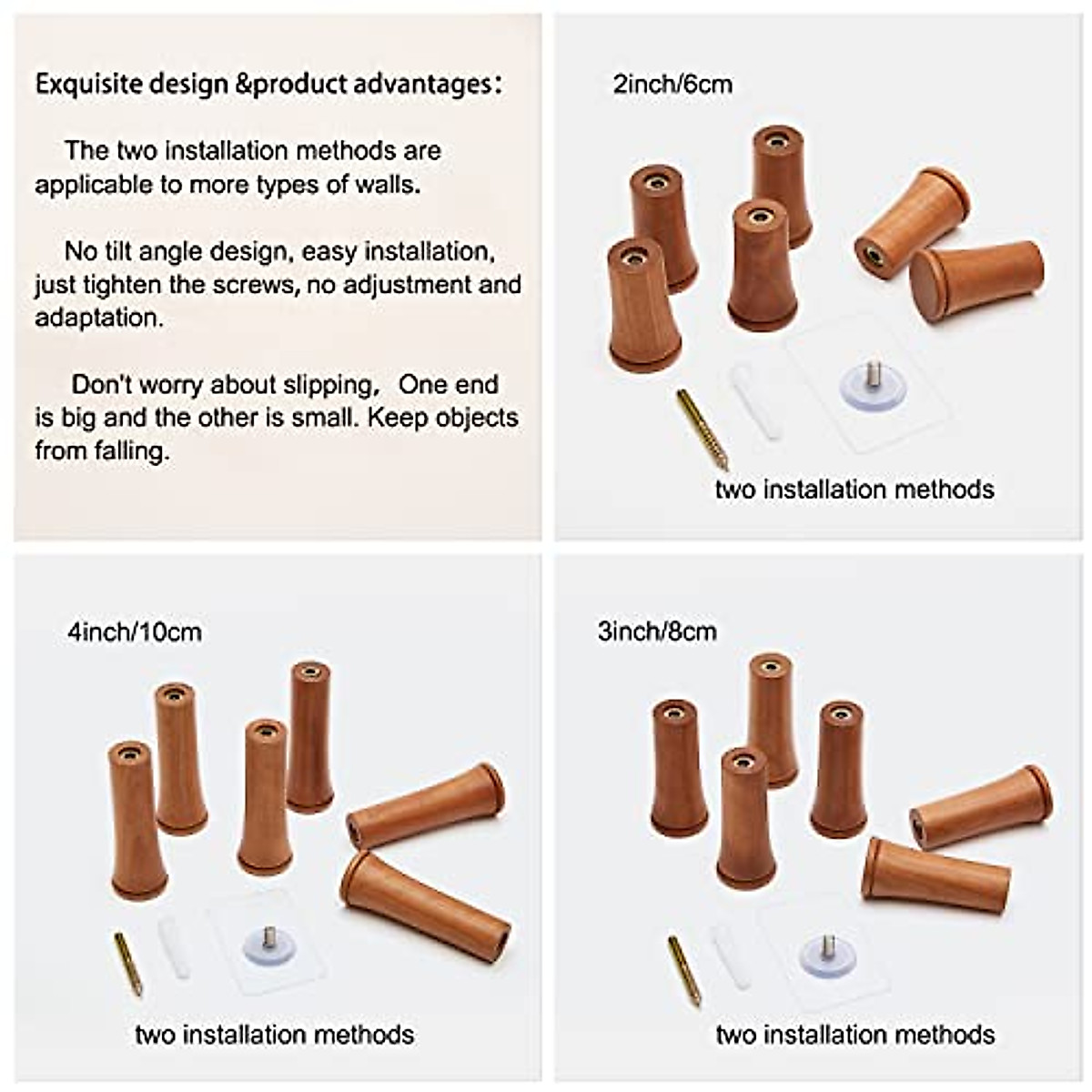 HomeDo Wall Hooks Rack, Wooden Coat Hooks Wall Mounted, Entryway Hat Rack, Decorative Hooks Single Organizer Wall Hanger Hat Hook Towel Rack, Heavy Duty Hooks (Cherry-4inch-2Pack)