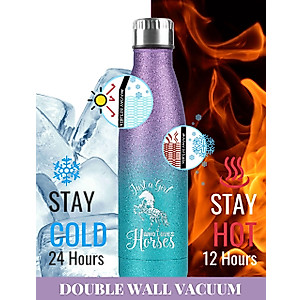 Onebttl Horse Gifts for Girls, Women, Insulated Stainless Steel Water Bottle, Horse Stuff for Equestrians, Cowgirls on Birthday, Christmas, Violet-Blue Glitter, Just a girl who loves horses