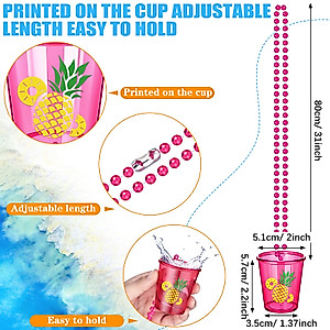 12 Pcs Hawaiian Luau Shot Glasses Bead Necklace Hawaiian Aloha Party Necklace Cups Flamingo Hibiscus Shot Glass Beaded Necklace Plastic Shot Glasses Necklace for Hawaiian, Summer Tiki Party Supplies