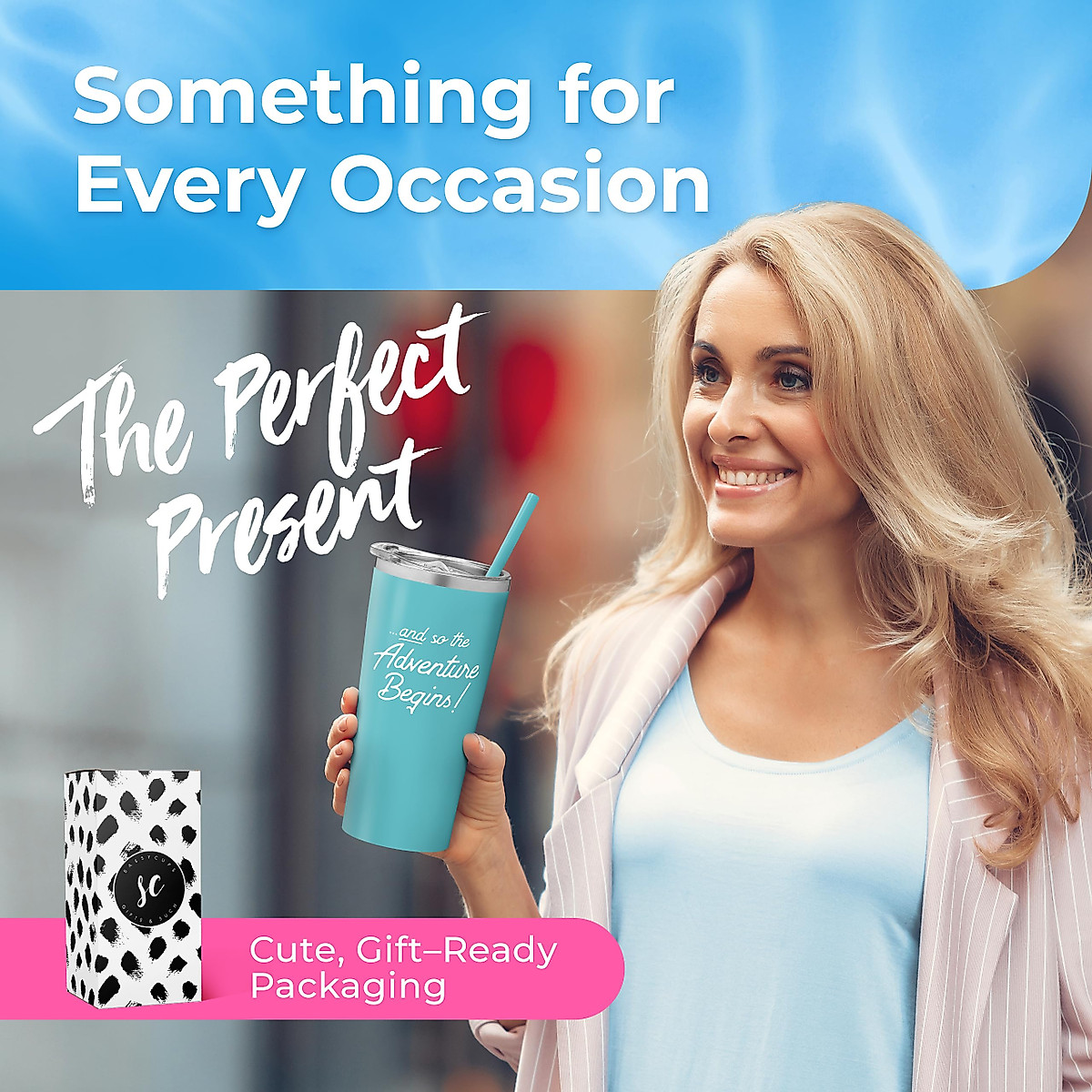 and So The Adventure Begins - Personalized Insulated Coffee Tumbler with Lid – Stainless Steel Insulated Travel Mug with Straw – Graduation, Promotion, Going Away, Job Change - Adventure Awaits