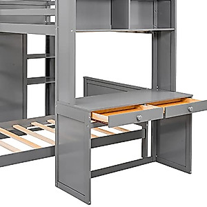 Twin Size Loft Bed with Desk and Wardrobe, Wood Loft Bed Frame with Storage Shelves and A Stand-alone Bed, Twin Over Twin Bunk Bed Frame for Kids Teens Adults (Bottom Bed Can Be Moved, Gray)