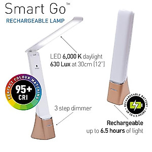 Daylight Company Smart Go Portable Ideal for Reading, Light Therapy, Everyday Tasks, Crafts, Desk Work, DIY, Led, Chargeable lamp, 1 Count (Pack of 1), White