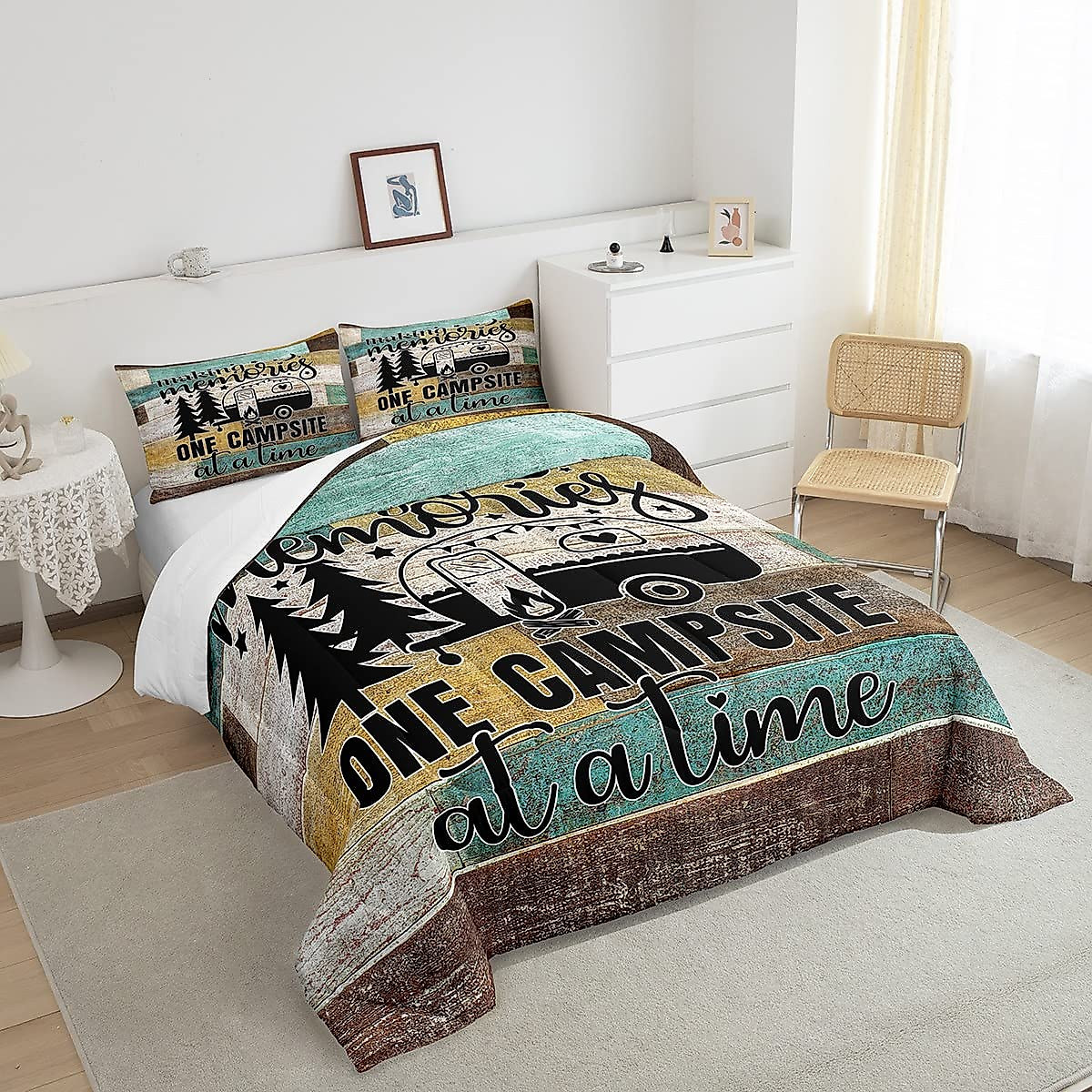 Camper Theme Comforter Set Brown Green Wooden Cabin Bedding Set Queen Size 3pcs,Kids Boys Girls Room Decor Black Camping Car Sketch Quilted Duvet Men Women Rustic Style Duvet Insert,2 Pillowcases