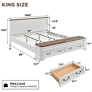 T4TREAM Farmhouse King Bed with Headboard and Storage Bench, Rustic Wood Platform Bed with 80" Storage Chest w/ 4 Large Storage Drawer, Antique White