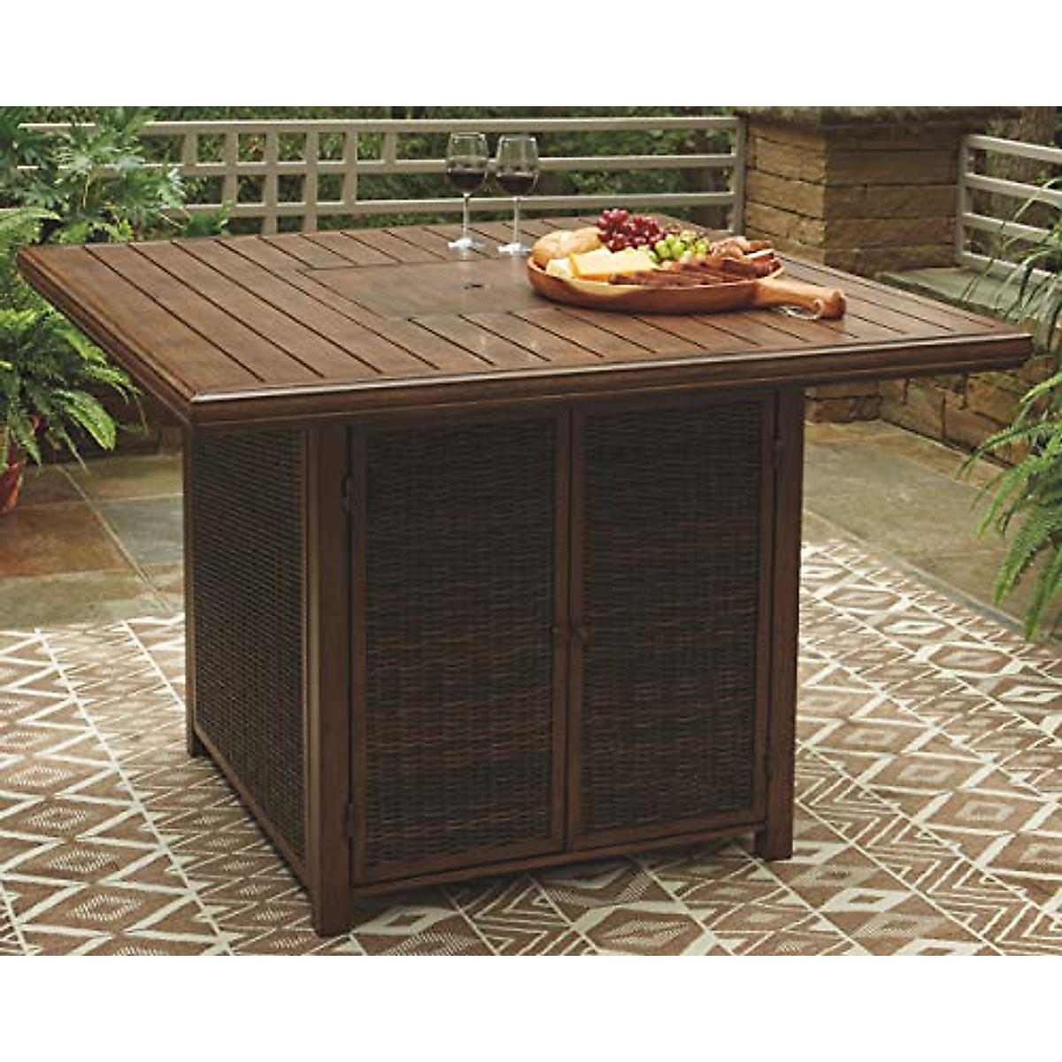 Signature Design by Ashley Paradise Trail Square Bar Table with Fire Pit, Medium Brown & Paradise Trail Outdoor 27.5" Wicker Patio Barstool, 2 Count, Brown