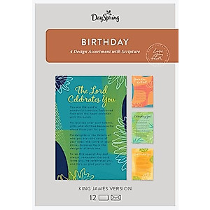 DaySpring - Celebrating You Birthday- King James Version- 4 Design Assortment with Scripture - 12 Geometric Botanical Boxed Cards & Envelopes (J5127)