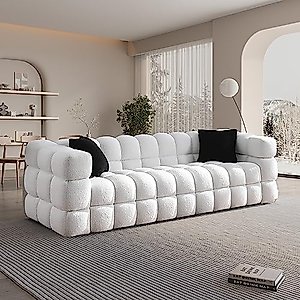 Melpomene Modern Boucle Sofa Couch, Cloud Sofa Upholstered 3 Seater Sofa with 2 Pillows and Wood Legs,Tufted Sofa for Bedroom, Office, Apartment(White)