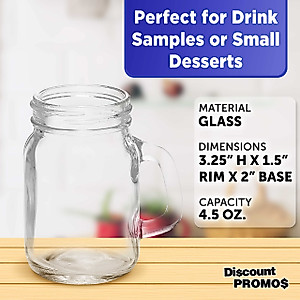DISCOUNT PROMOS Mason Jar with Handle Set 4.5 oz. Set of 10, Bulk Pack - Sampler Glasses, Glass Jars for Overnight Oats, Candies, Fruits, Pickles, Spices, Beverages - Clear
