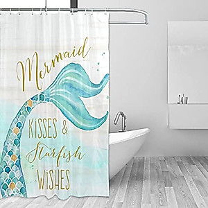 4 Piece Be a Mermaid and Make Waves Kisses Wishes Tail Shower Curtain Set with 12 Hooks Non-Slip Rugs Toilet Lid Cover Bath Mat Complete Bathroom Accessories Decor