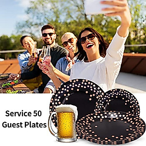 Round Disposable Black and Rose Gold Dotted Paper Plates - 50 x 9" and 50 x 7" Dinner Plates, Foil Polka Dots Occasions