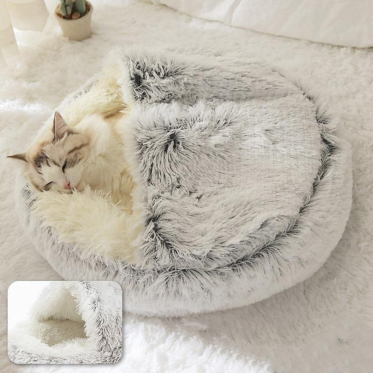 Geizire Small Dog Bed & Cat Bed, Round Donut Calming Cat Beds, Anti-Anxiety Cave Bed with Hooded Blanket for Warmth and Security - Machine Washable, Water/Dirt Resistant Base (Up 6 Pound)