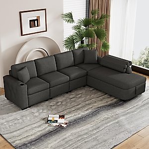 P PURLOVE Luxury Modern Style Living Room Upholstery Sofa, L Shaped Sofa with 2 Pillows, Storage Chaise, Cup Holder and USB Ports, 109.8" L Chenille Sofa Couch for Living Room Apartment, Black