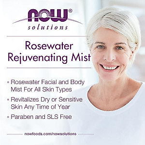 NOW Foods Solutions Rosewater Rejuvenating Mist, Hydration and Rejuvenation Spray for All Skin and Hair Types, 4-Ounce