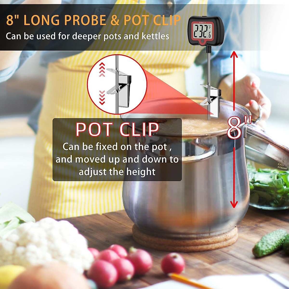 BOMATA 8" Long Probe Candy Thermometer with Pot Clip, Rotating Display, High Accuracy Instant Read Digital Thermometer for Candles, Liquids, Cooking, Grilling and More… Black