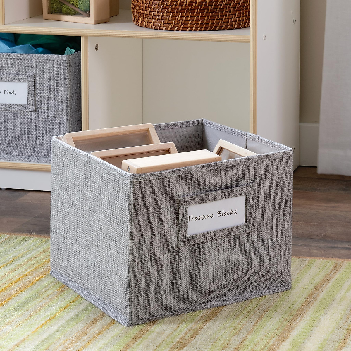 Guidecraft EdQ 5 Compartment Storage 24'' White with 3 Fabric Bins: Wooden Multi-Purpose Bookcase and Toy Organizers and Storage; Homeschool and Classroom Furniture