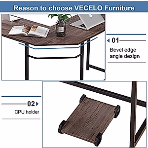 VECELO L-Shaped Corner CPU Stand Study Writing Table Workstation Gaming Computer Desk for Home Office,Coffee, 66