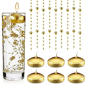 Artificial Pearl String,6 Unscented Floating Candles for Centerpiece,33 Feet Faux Pearl Filler Vase Filling for Wedding Dinning Table Holiday Party Pool Christmas Decor, Gold