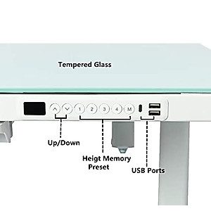 Lanxicat 46x24 Glass Electric Standing Home Office Desks Stand Up Desk Adjustable Height Desk with USB/Wireless Charging/Power Strip with Drawers (2Tempered Glass Top, White Frame, 46x24)