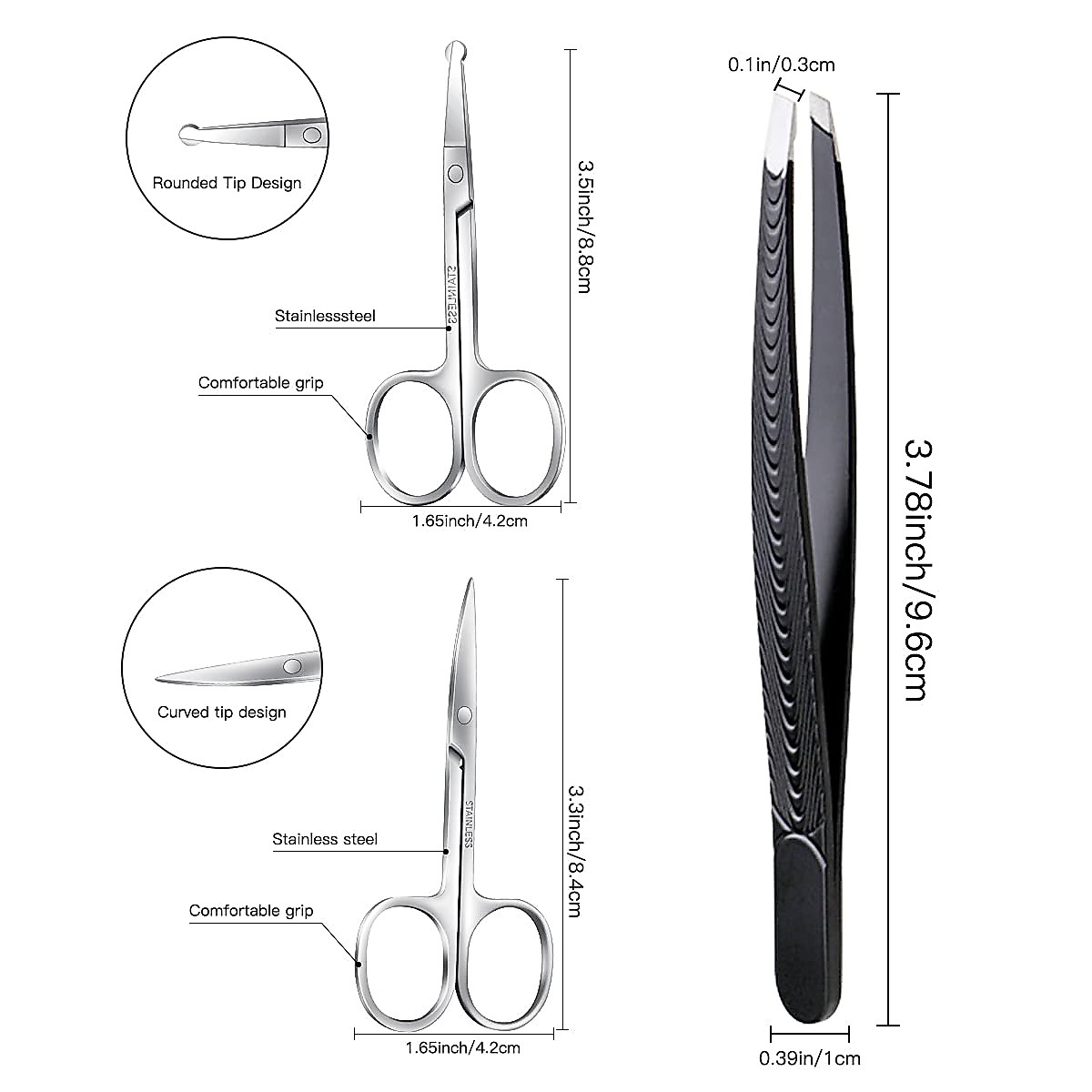 Facial Hair Small Grooming Scissors for Men Women-Curved and Rounded Nose Hair, Eyebrow, Mustache, Eyelashes, Beard Trimming Scissors Kit-Safety Blunt Tip Baby Nail Scissors with Eyebrow Tweezers Set