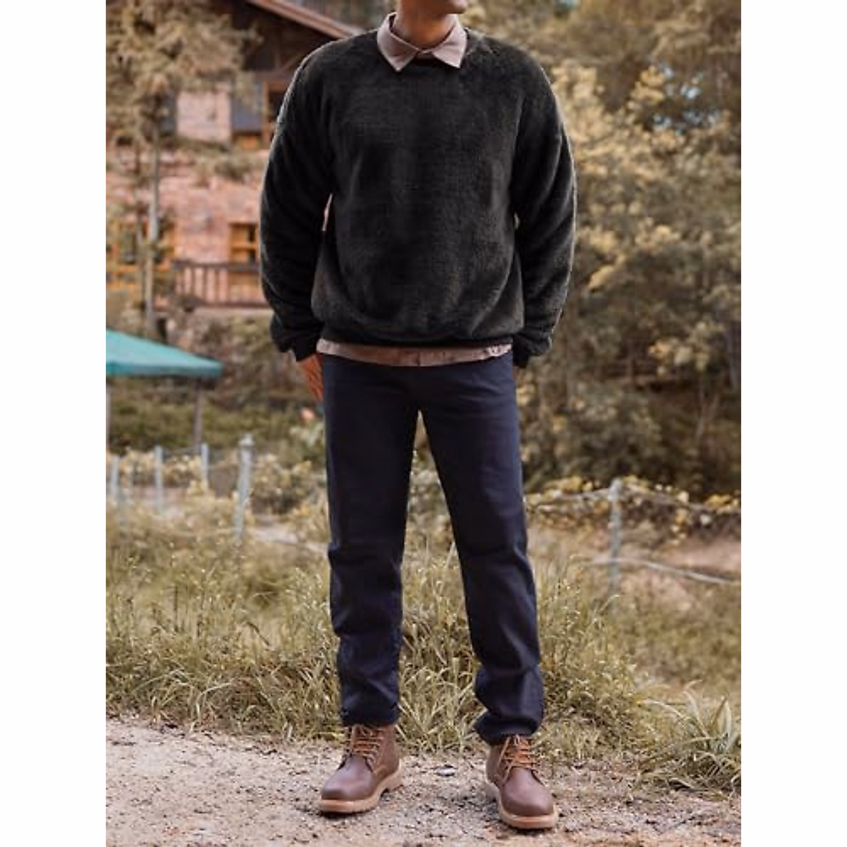 Mens Fuzzy Sherpa Sweatshirt Long Sleeve Fluffy Crew Neck Pullover Cozy Basic Unisex Fall Winter Warm Tops Black