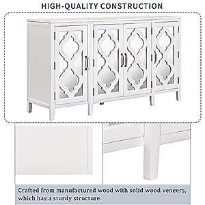 60'' Retro Mirrored Console Table Sideboard with 4 Cabinets and 3 Adjustable Shelves, Large Storage Cabinet Free Stand Kitchen Buffet Server Cabinet for Entryway/Living Room/Dining Room (White-59.8'')