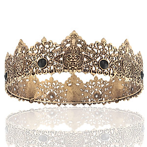 King Men Tiara Crown Imperial Medieval Headband Crystal Pageant Costumes For Birthday Party Prom Halloween Hair Accessories (Dark Gold With Black Stone)