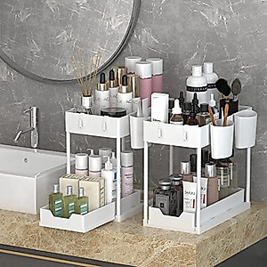 SUPPNEED 2-Tier Under Sink Organizer and Storage,Sliding Under Bathroom Cabinet Storage Drawer Organizer with Hooks, Hanging Cups, Multi-purpose Under Sink Shelf Organizer, White, 2 Pack