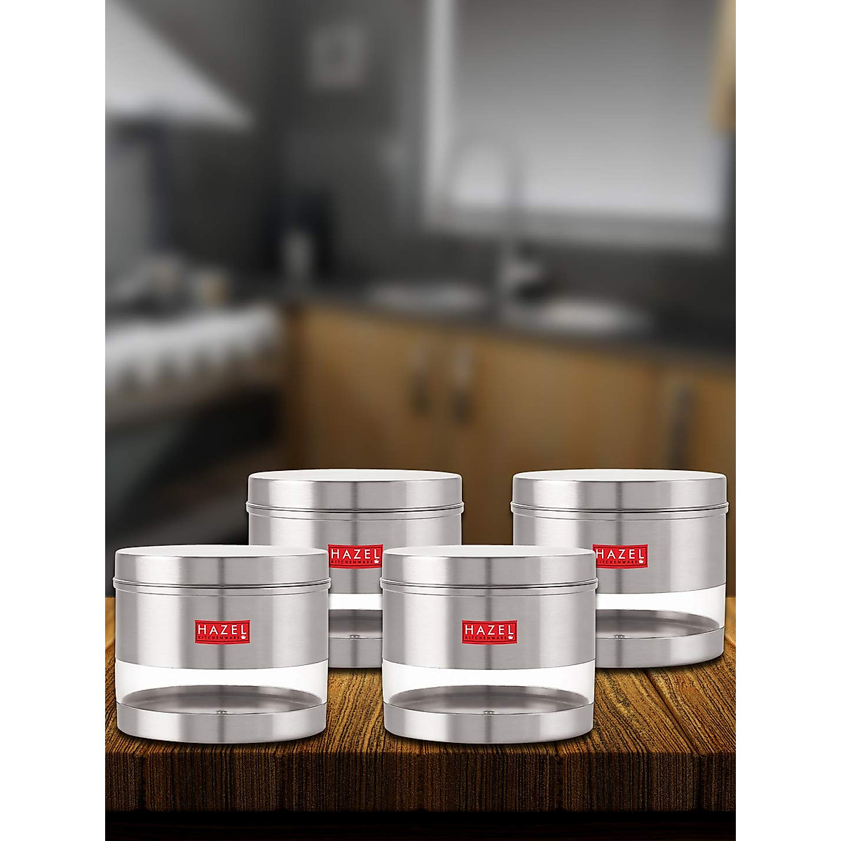 HAZEL Stainless Steel Containers Set For Kitchen Storage Transparent See Through Matt Finish Storage Dabba Jars, Set of 4, 1500 ML Each, Silver
